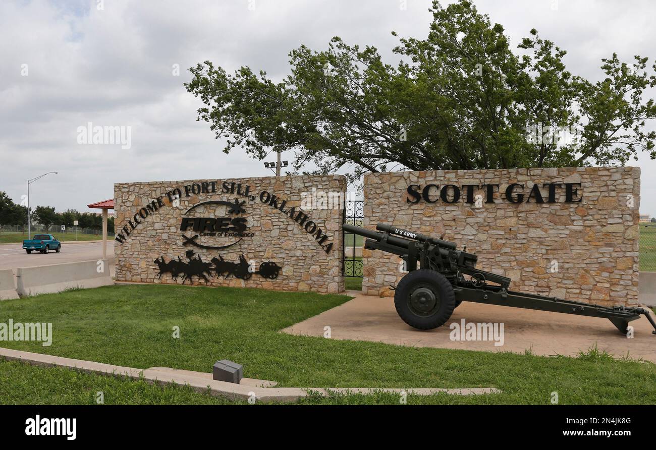 A sign is pictured at Scott Gate, one of the entrances to Fort Sill, in ...