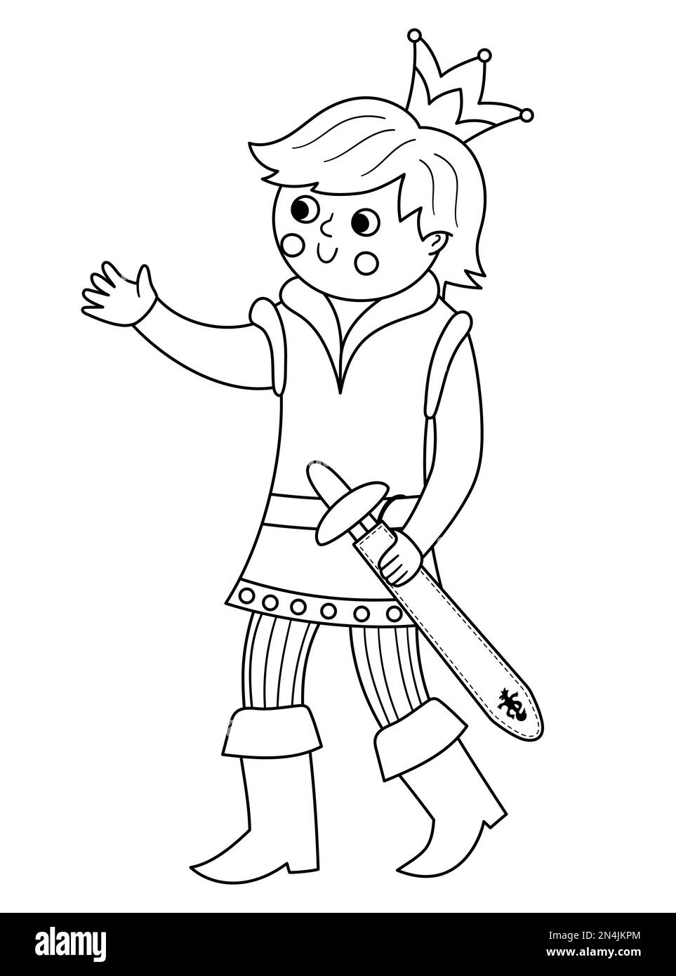 Fairy tale black and white prince with sward. Vector line fantasy young ...