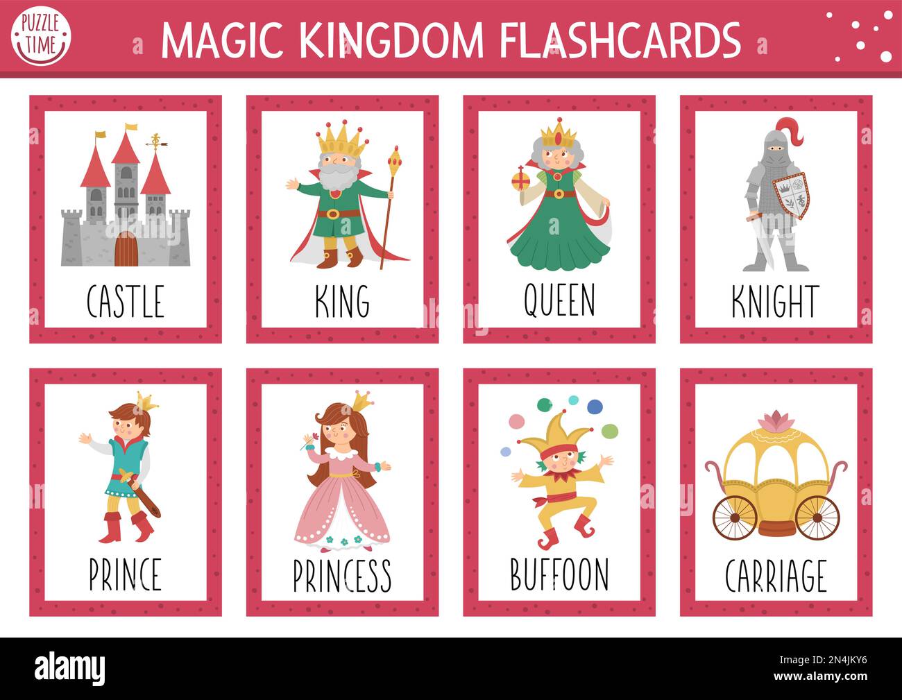 Vector fairytale flash cards set. English language game with cute ...