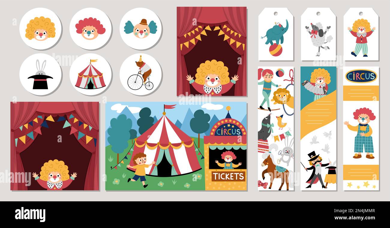 Cute set of circus cards with clown, artists, animals. Vector street ...