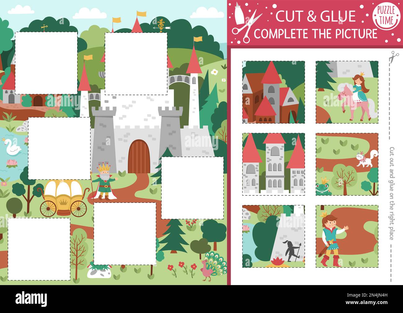 Vector fairytale cut and glue activity. Magic kingdom crafting game ...