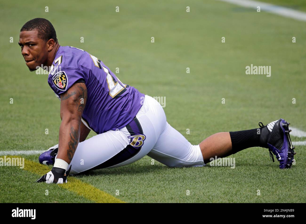 Baltimore Ravens running back Ray Rice stretches during NFL football ...