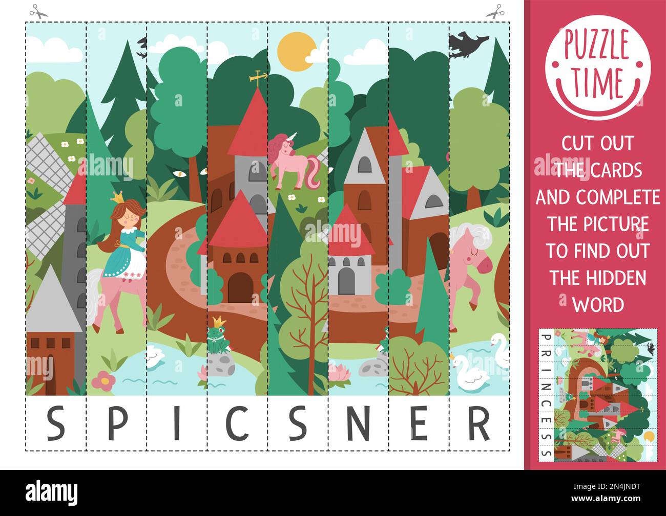 Vector fairytale scrambled picture. Cut and glue activity with hidden ...