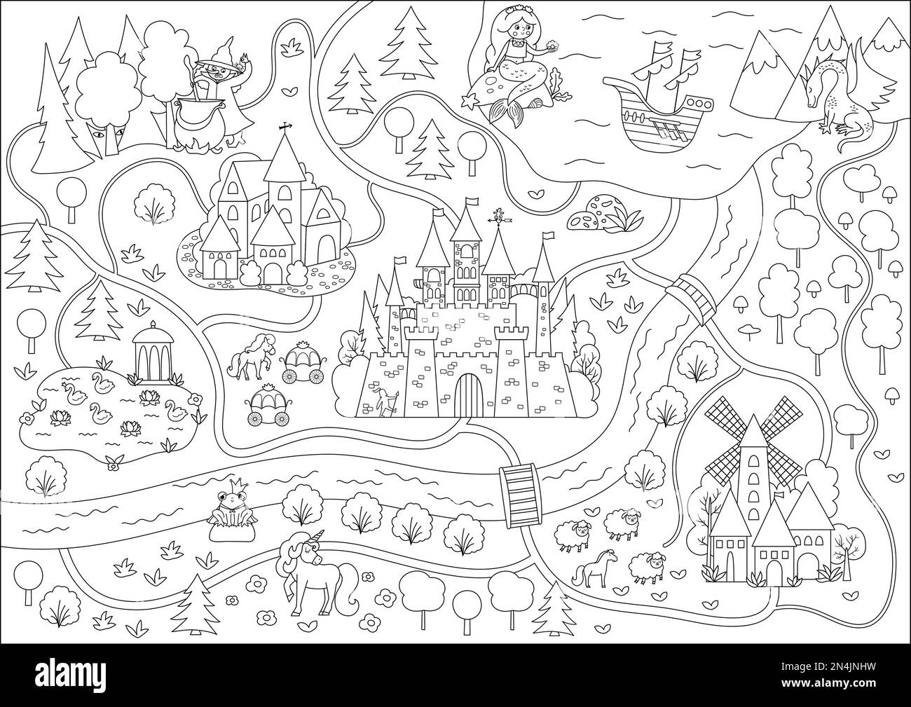 Fairytale black and white kingdom map. Medieval village line background ...