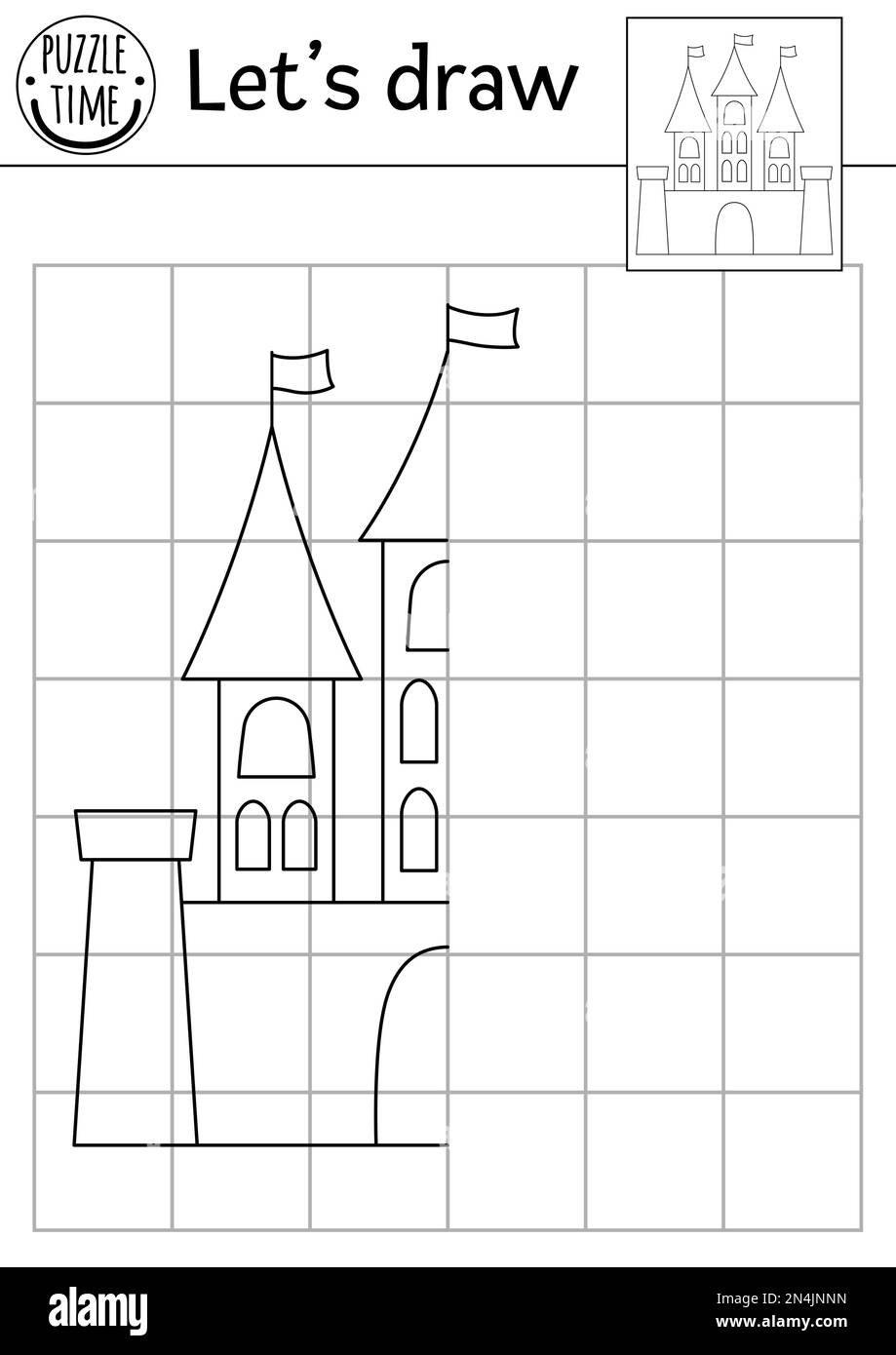 Complete the castle picture. Vector fairytale symmetrical drawing ...