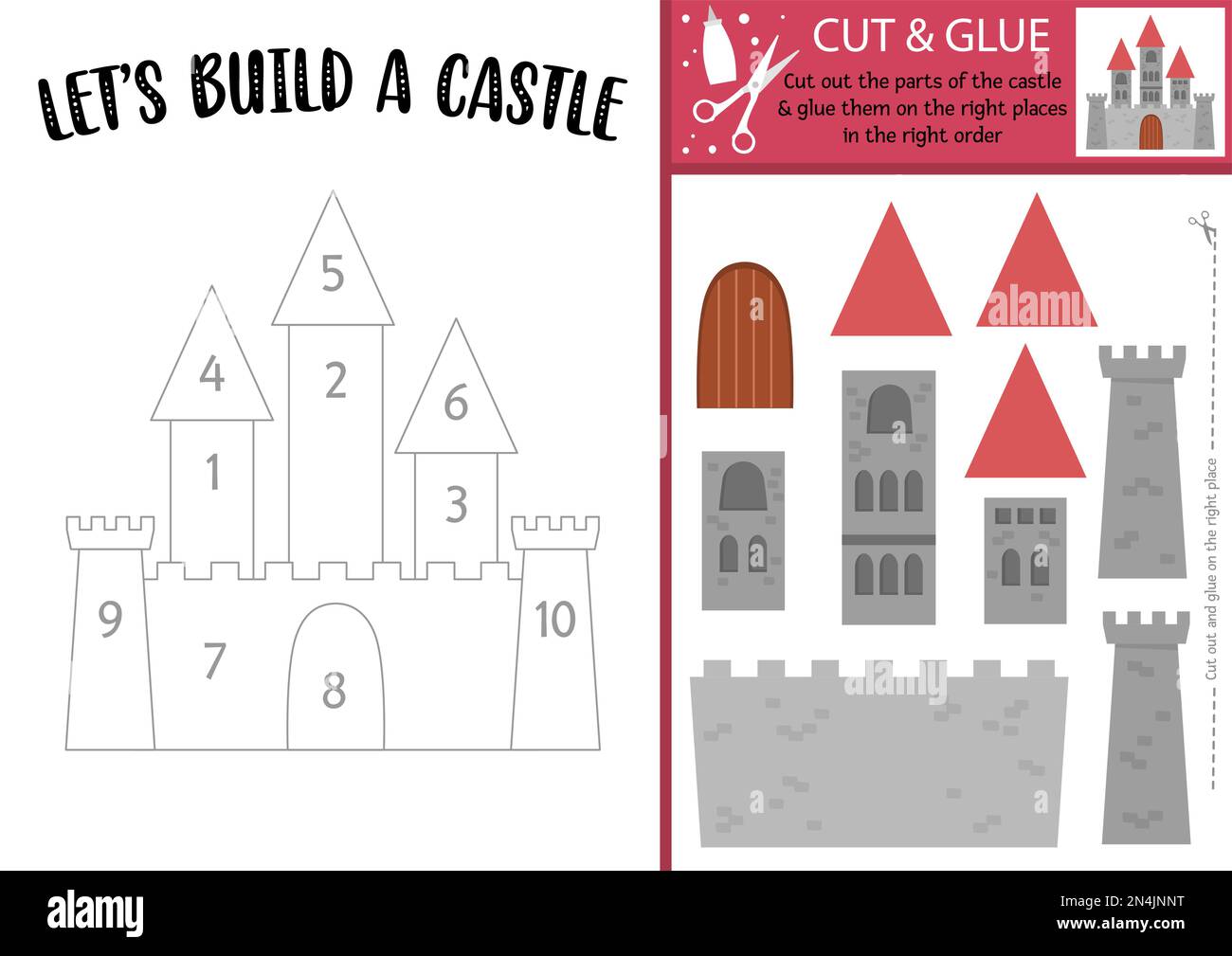 Vector fairytale cut and glue activity. Magic kingdom educational ...