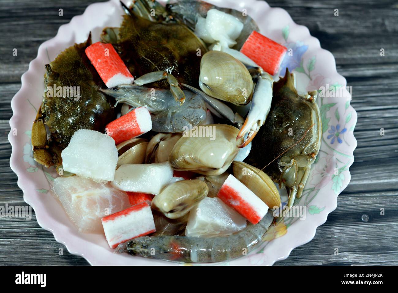 background of fresh seafood marine crabs, shrimps, clams, mussels ...