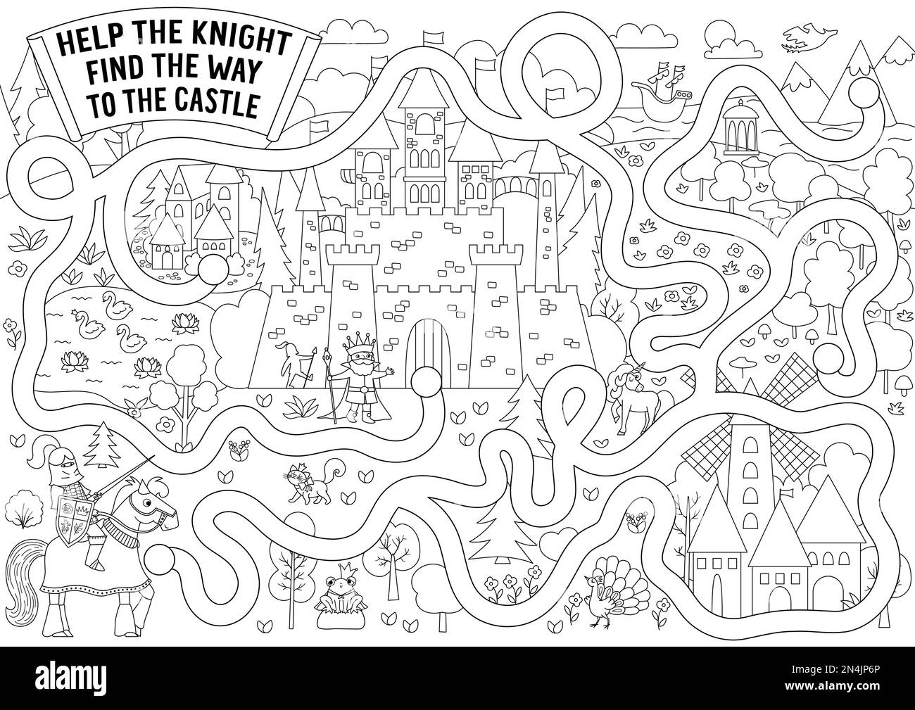 Black and white fairytale maze for kids with medieval village landscape ...