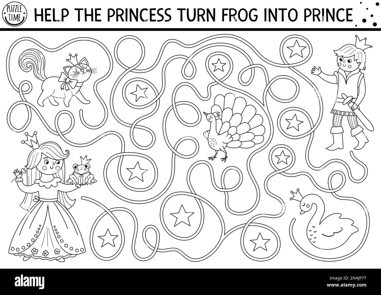Black and white fairytale maze for kids with fantasy characters. Magic ...