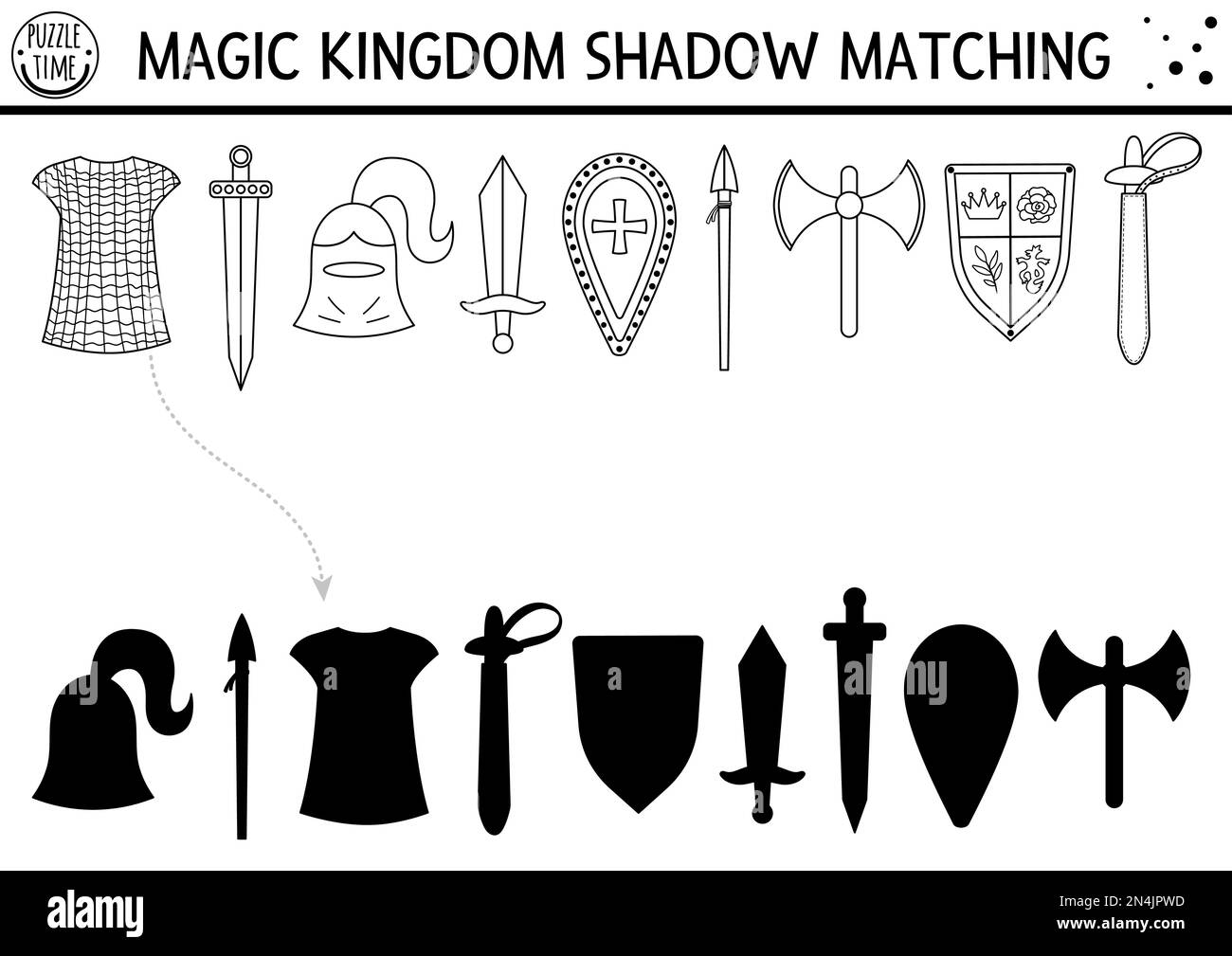 Fairytale black and white shadow matching activity with sward, shield ...