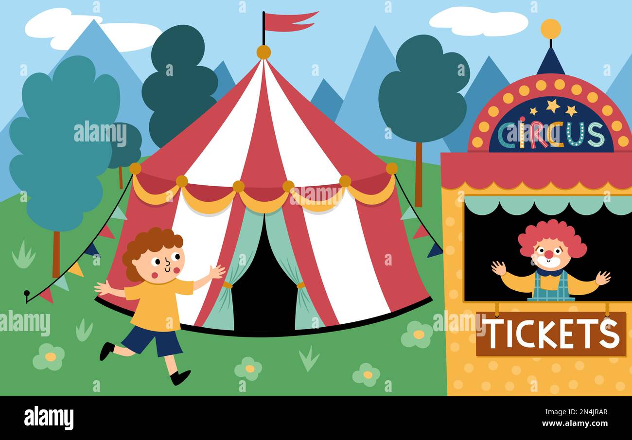 Vector scene with circus marquee, boy running to the ticket box with ...