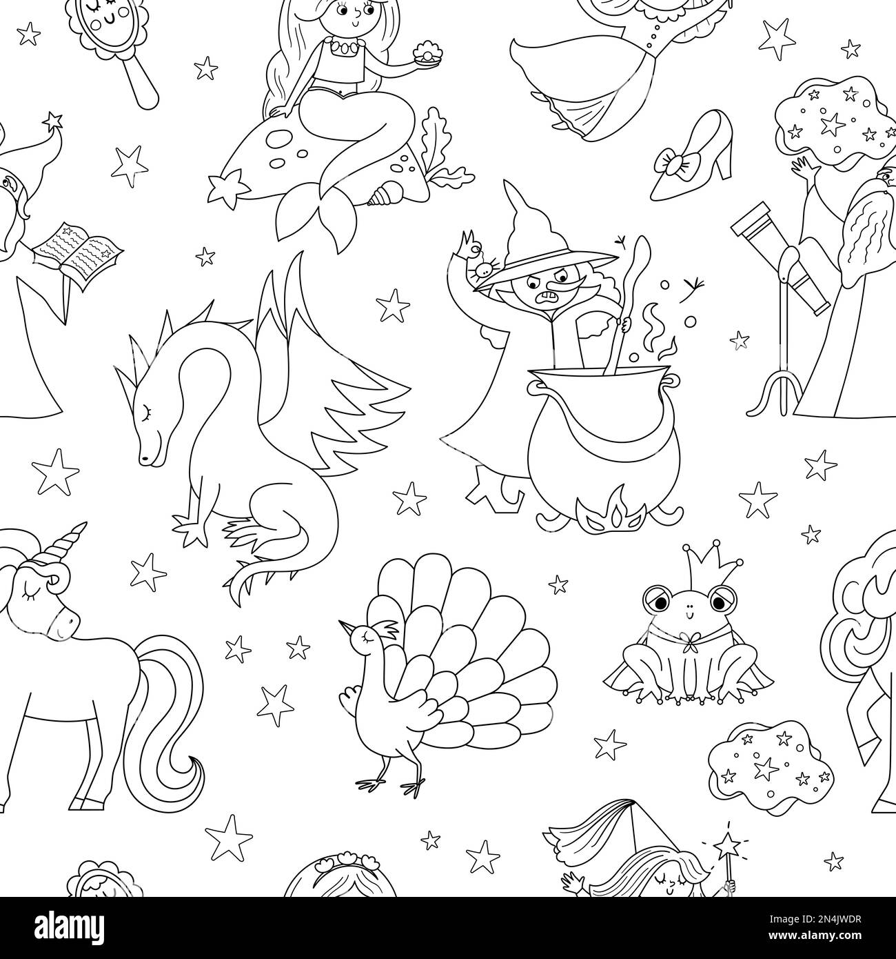 Black and white seamless pattern with fairy tale characters. Vector ...