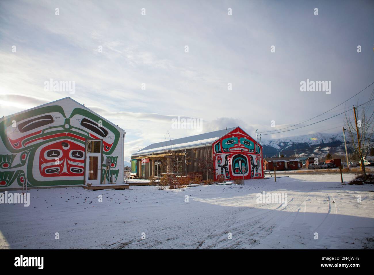 Totems and native styled buildings, Carcross, Yukon, Canada Stock Photo ...