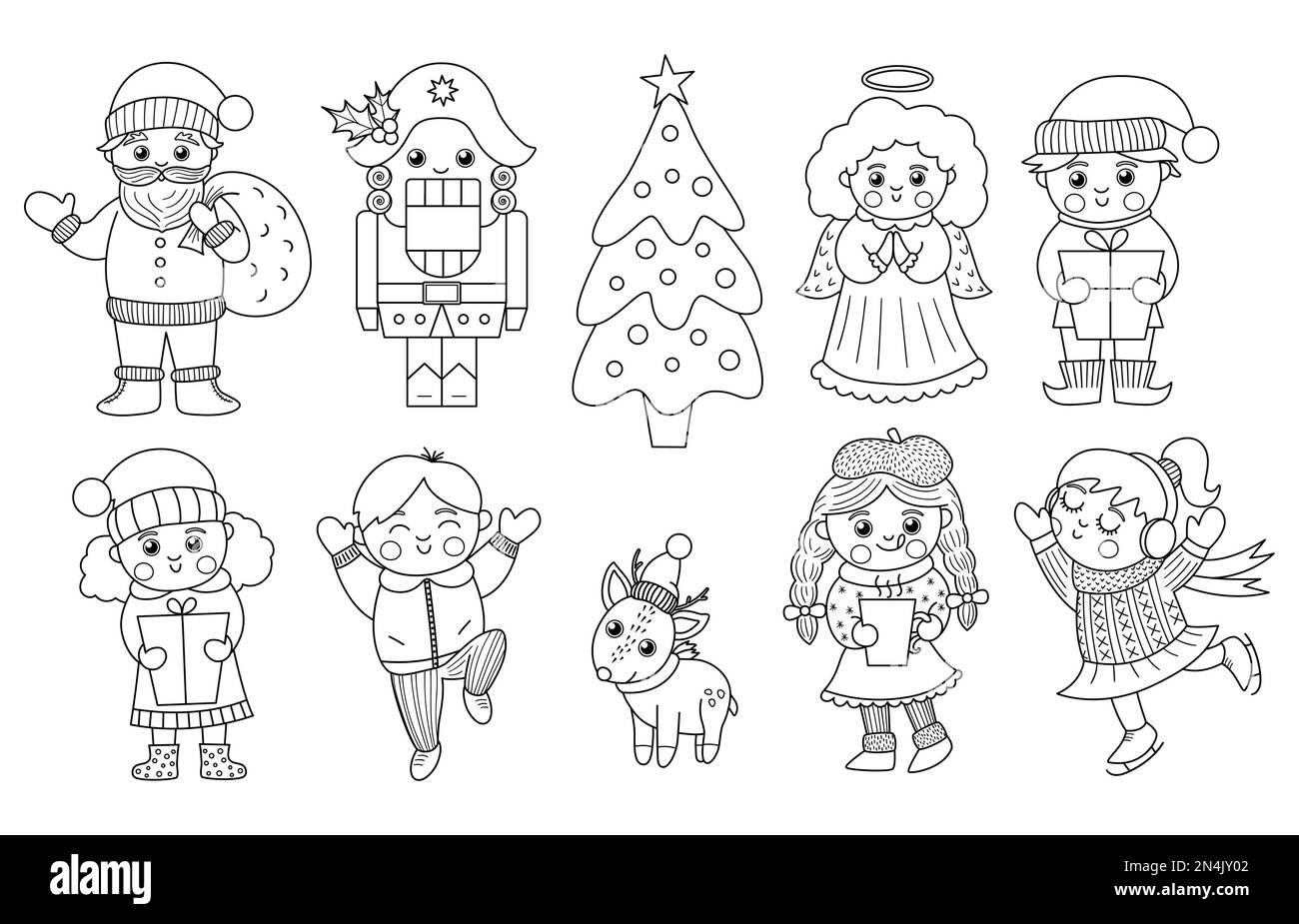 Vector set of black and white Christmas characters. Cute winter Santa ...