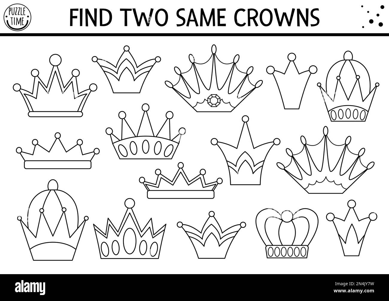 Find two same crowns. Black and white fairytale matching activity for ...