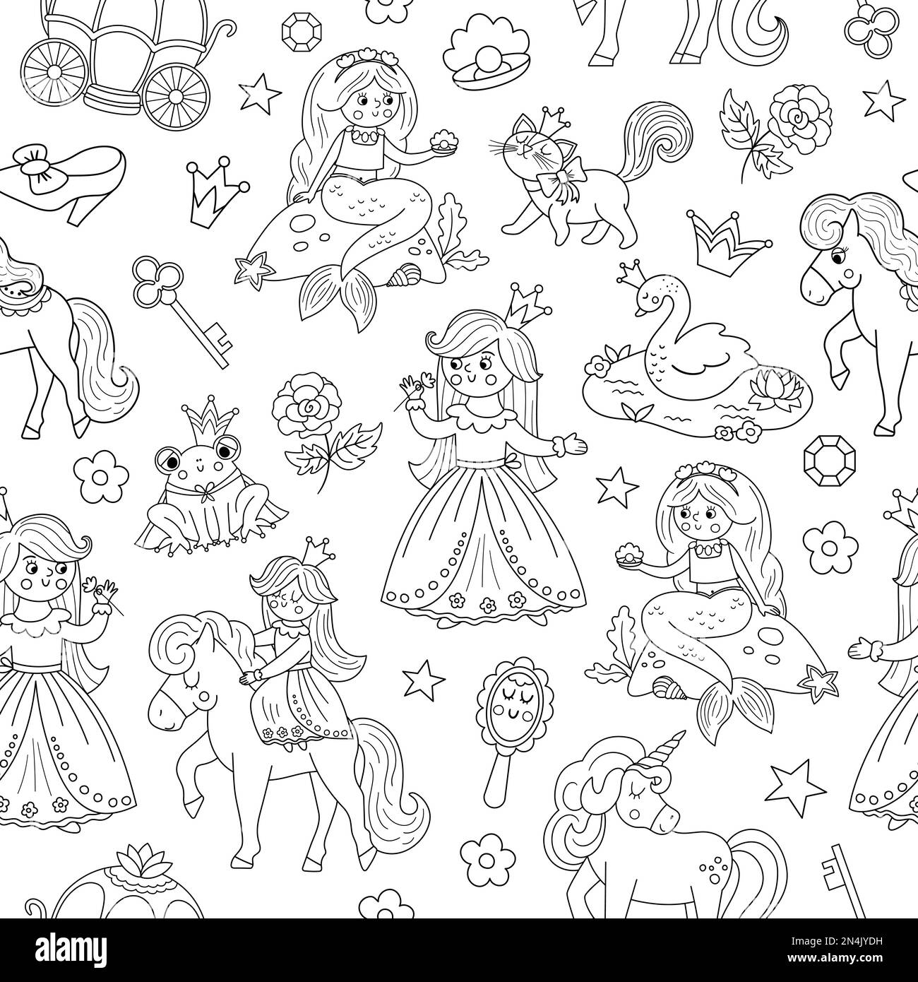 Fairy tale black and white princess seamless pattern. Repeat line ...
