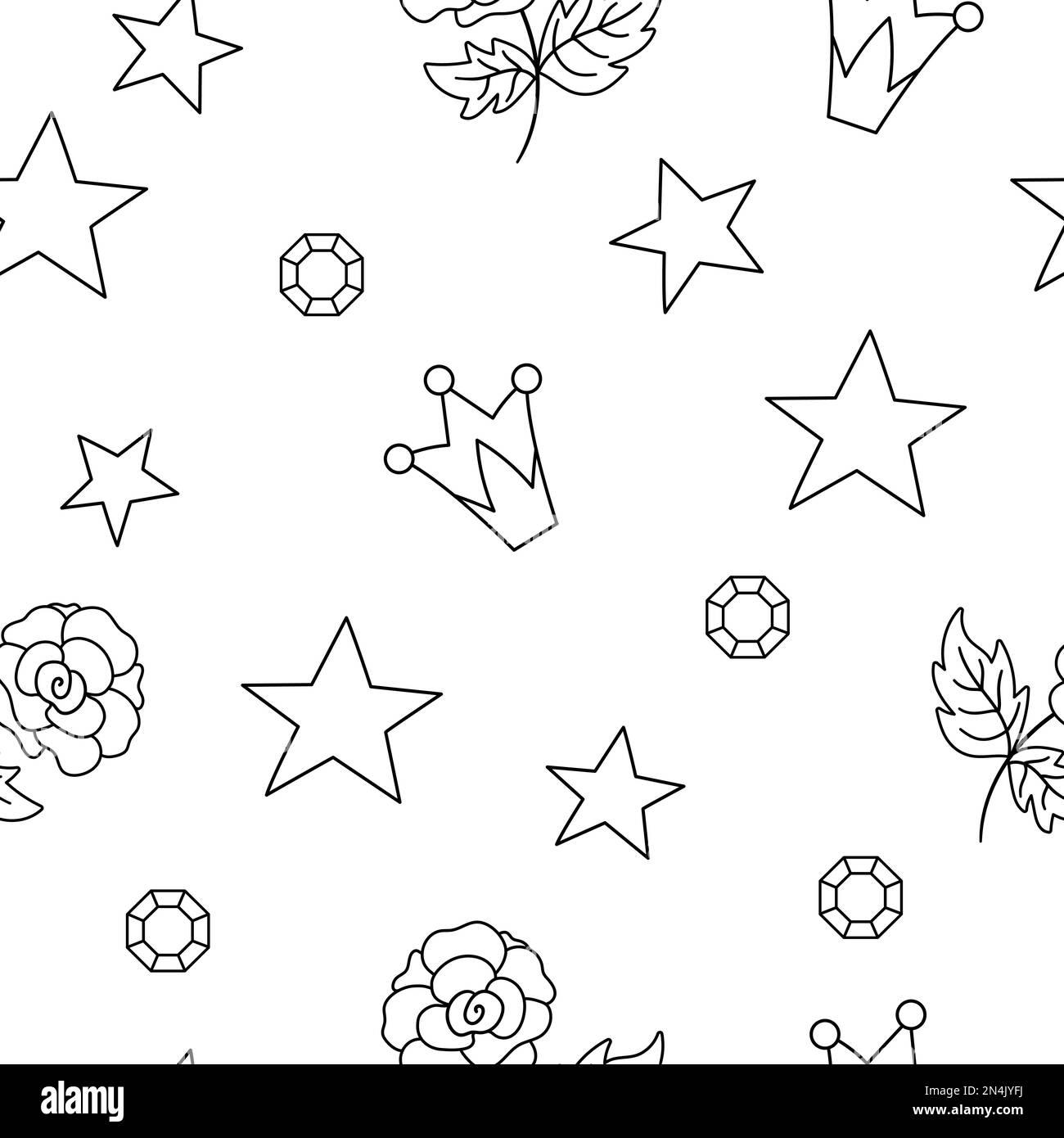 Vector black and white seamless pattern with rose, stars, crowns, gems ...