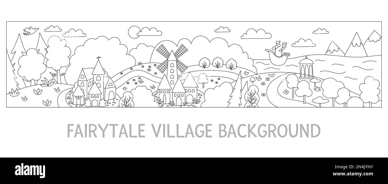 Vector black and white fairytale kingdom illustration. Fantasy line village border landscape ...