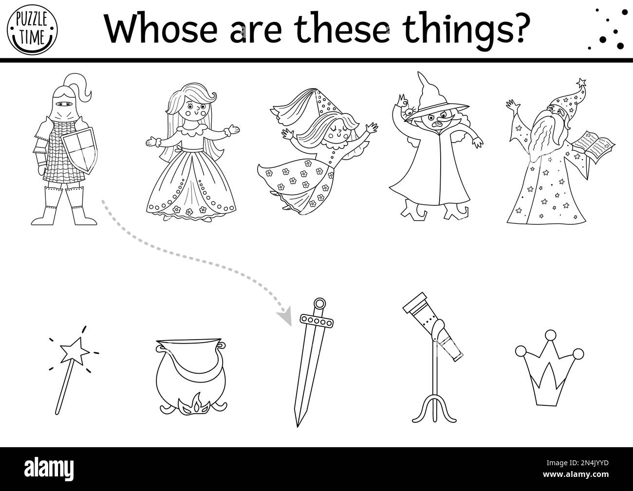 Black and white fairytale matching activity with cute characters. Magic ...