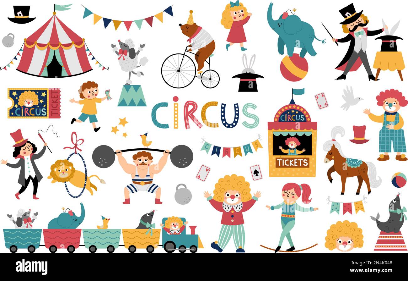 Big vector circus set. Street show animals, tent, artist collection. Amusement holiday icons ...