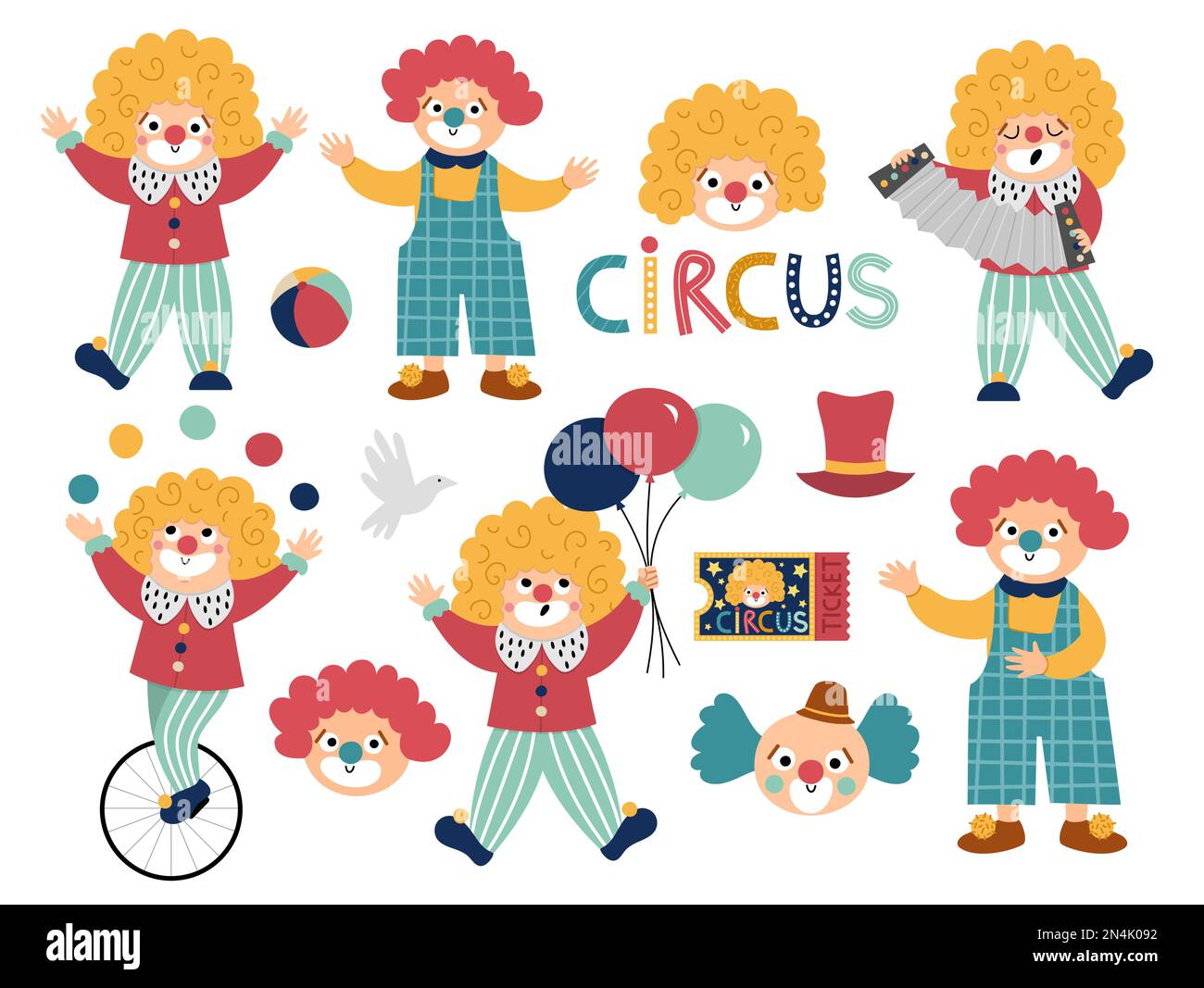 Vector set with clowns. Circus artists clipart. Amusement holiday icons ...