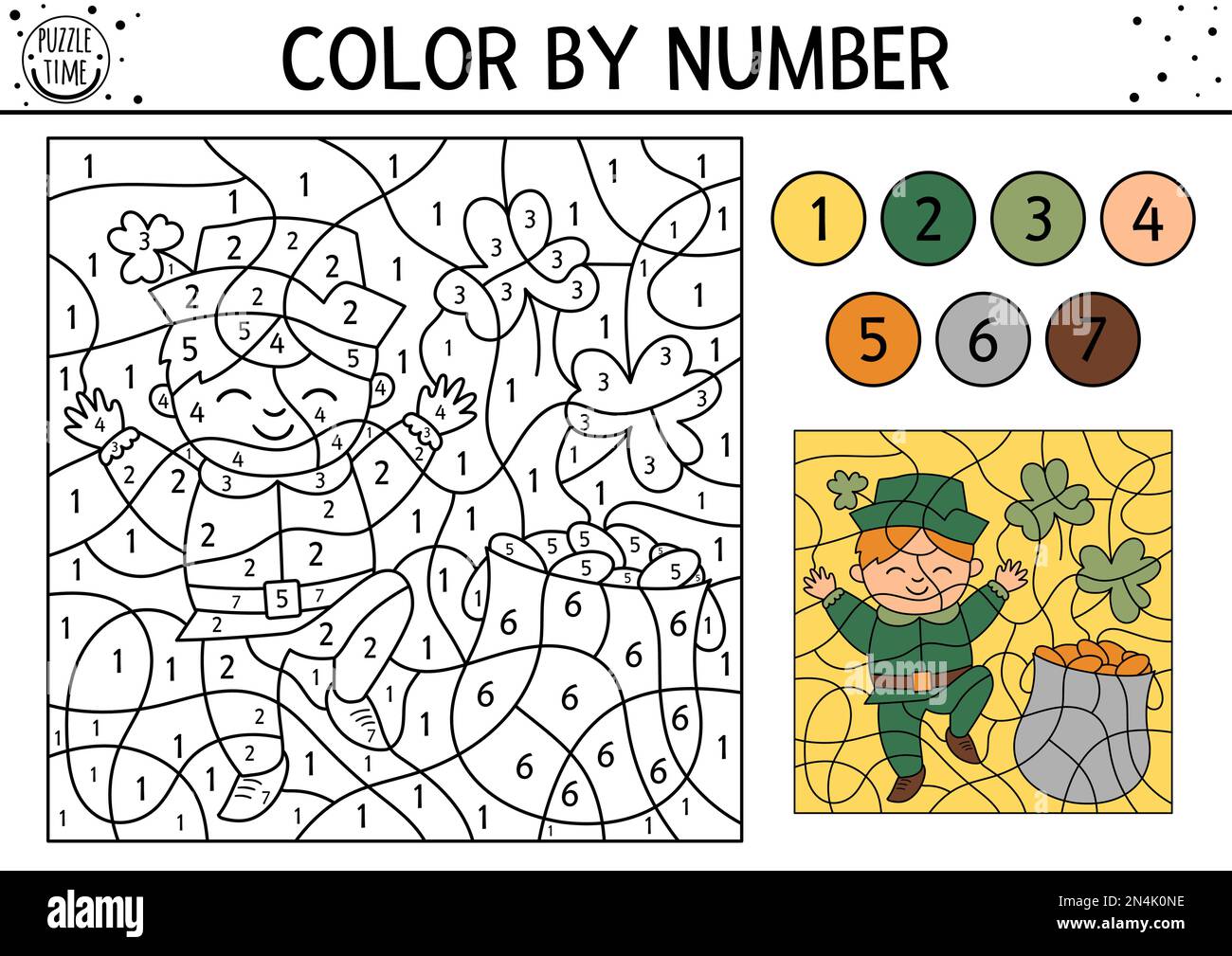 Vector Saint Patrick color by number activity with boy, shamrock leaves ...