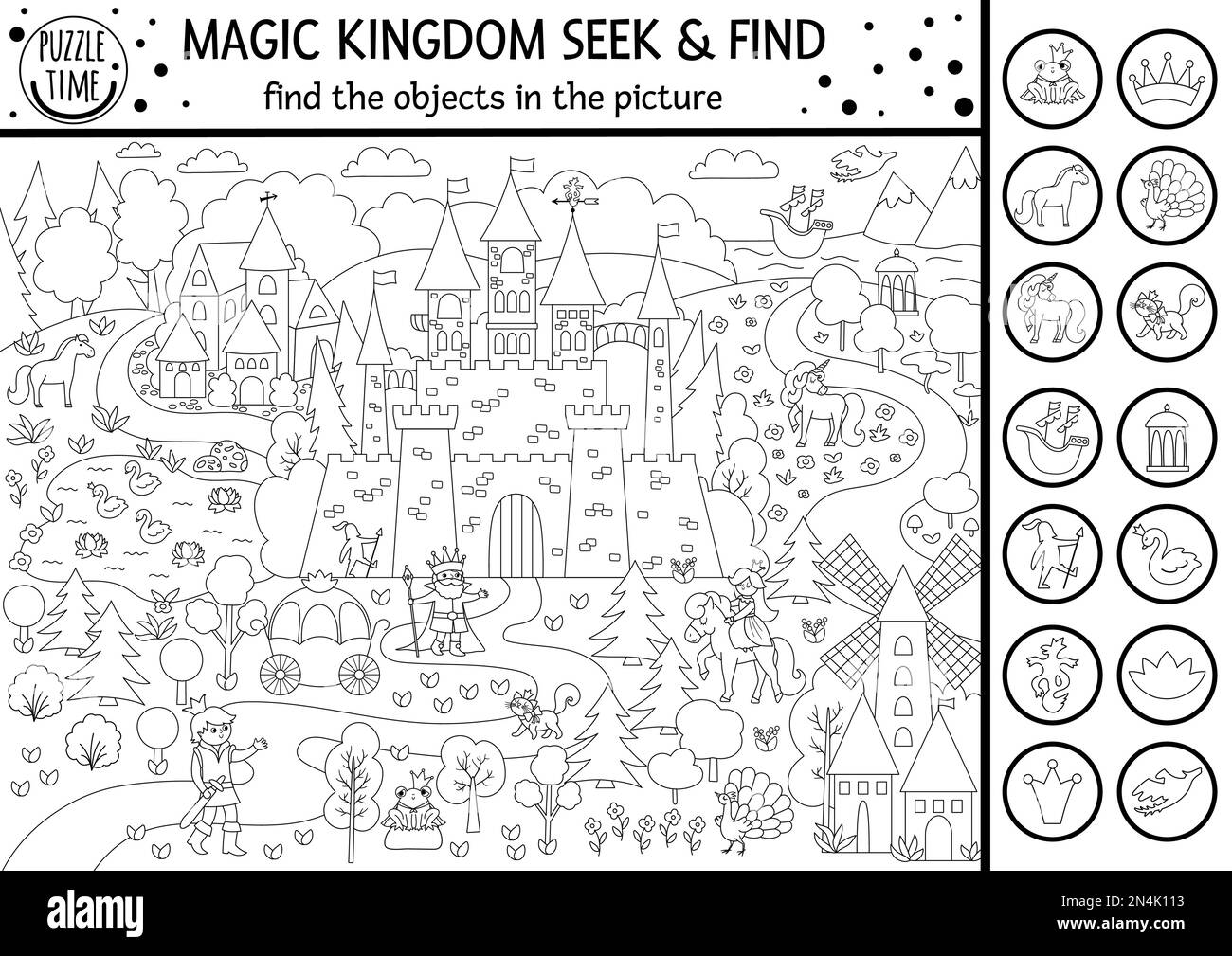 Vector black and white fairytale searching game with medieval castle ...