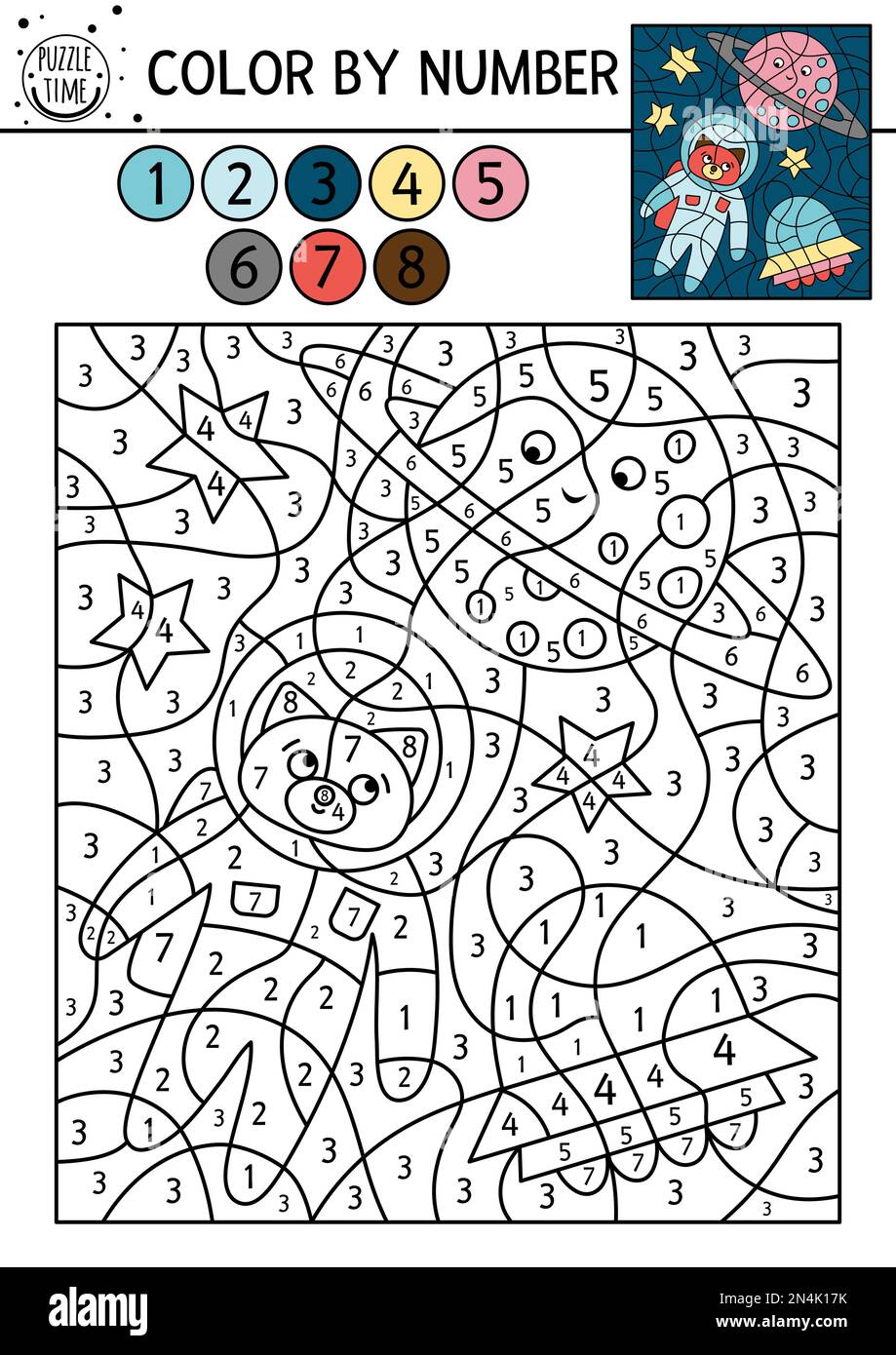 Vector space color by number activity with astronaut, planet, UFO ...