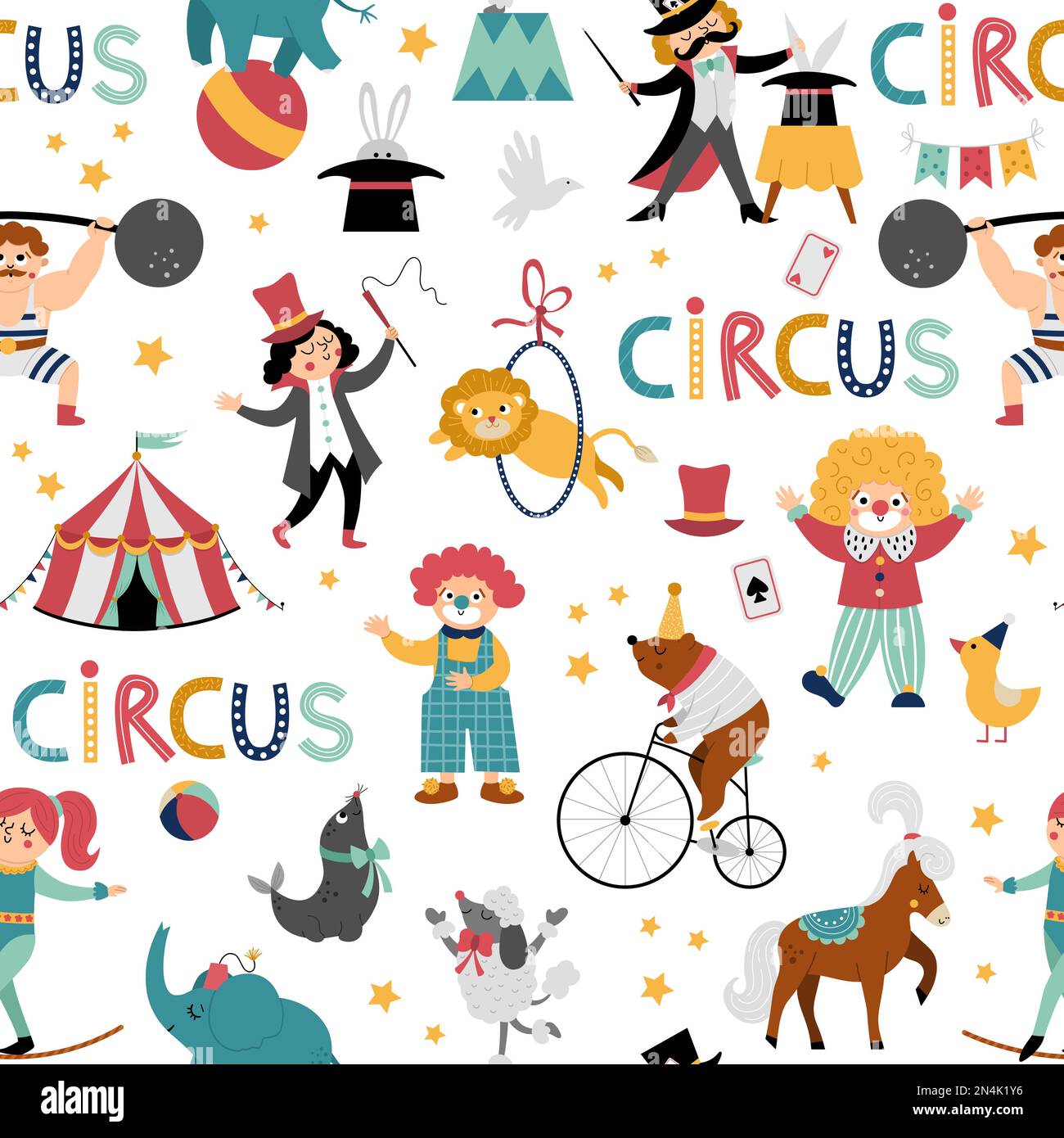 Vector circus seamless pattern. Repeat background with street show animals, tent, artists ...