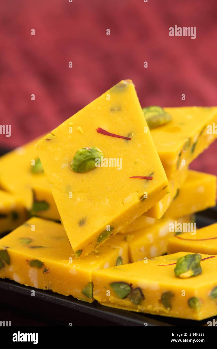 Indian Diamond Shaped Mithai Kesar Pista Kaju Barfi Is Saffron Infused ...