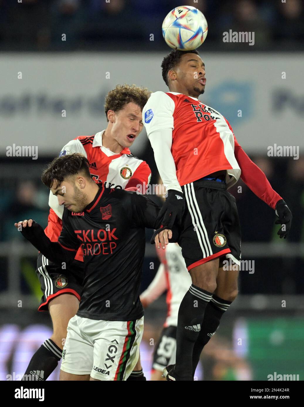 ROTTERDAM - (l-r) Souffian El Karouani of NEC Nijmegen, Mats Wieffer of Feyenoord, Quinten ...