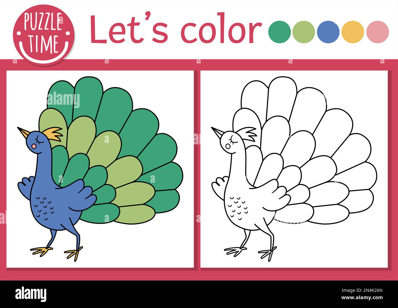 Magic kingdom coloring page for children with peacock. Vector fairytale ...