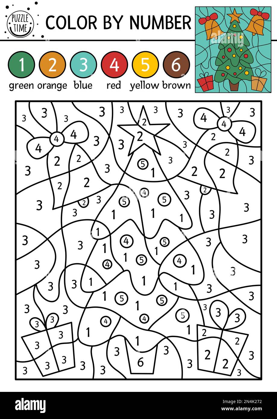 Vector Christmas color by number activity with fir tree, bells, gift ...
