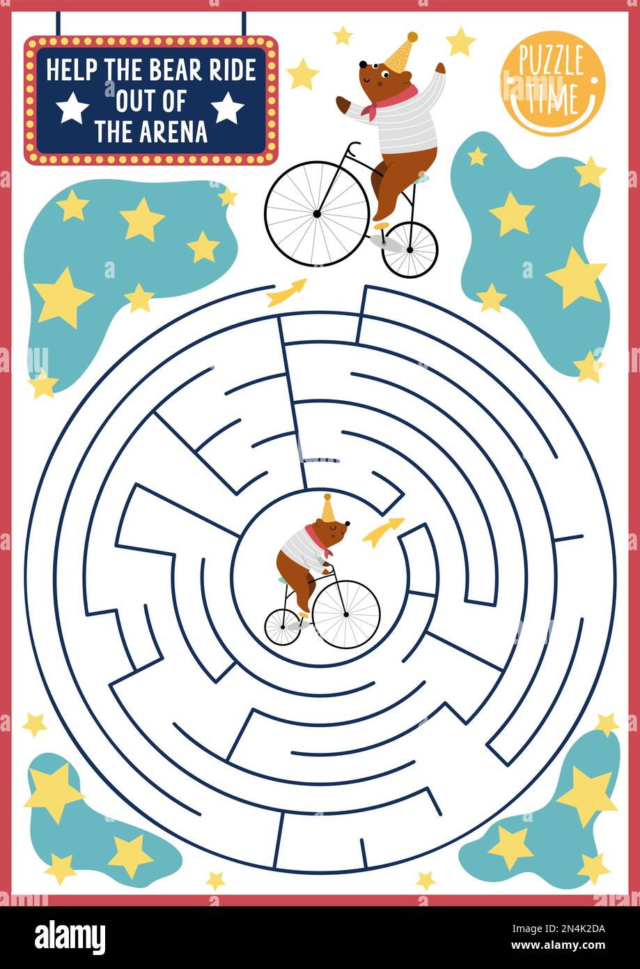 Circus maze for kids with bear on bicycle. Amusement show preschool printable activity with cute ...