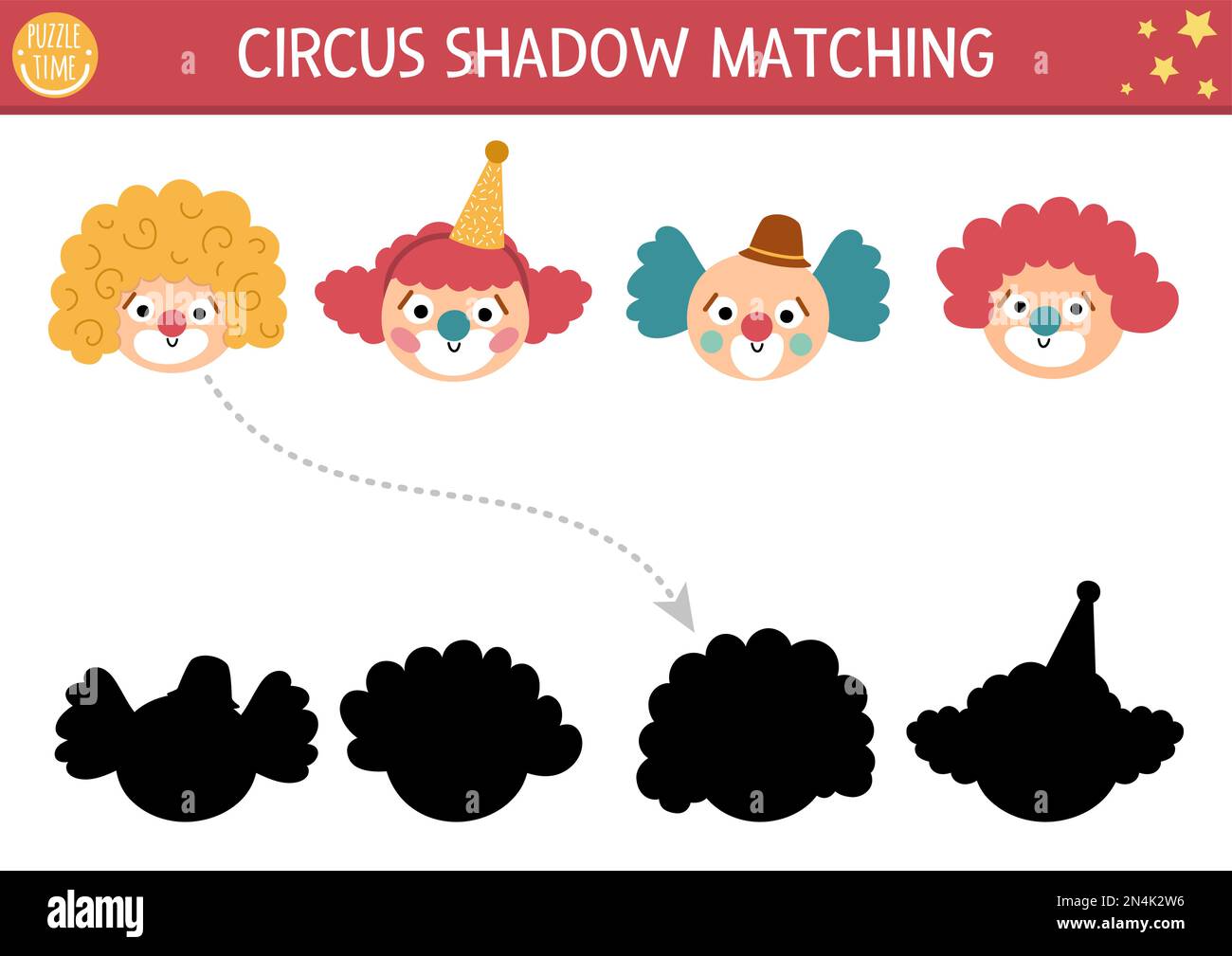 Circus shadow matching activity with cute clown faces. Amusement show ...