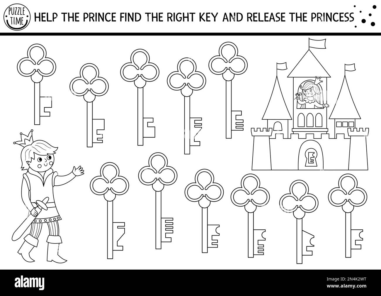 Find the right key to release princess. Fairytale black and white ...