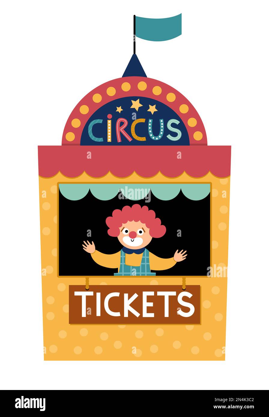 Vector circus ticket box icon. Amusement park entrance control stall with funny clown. Cute ...