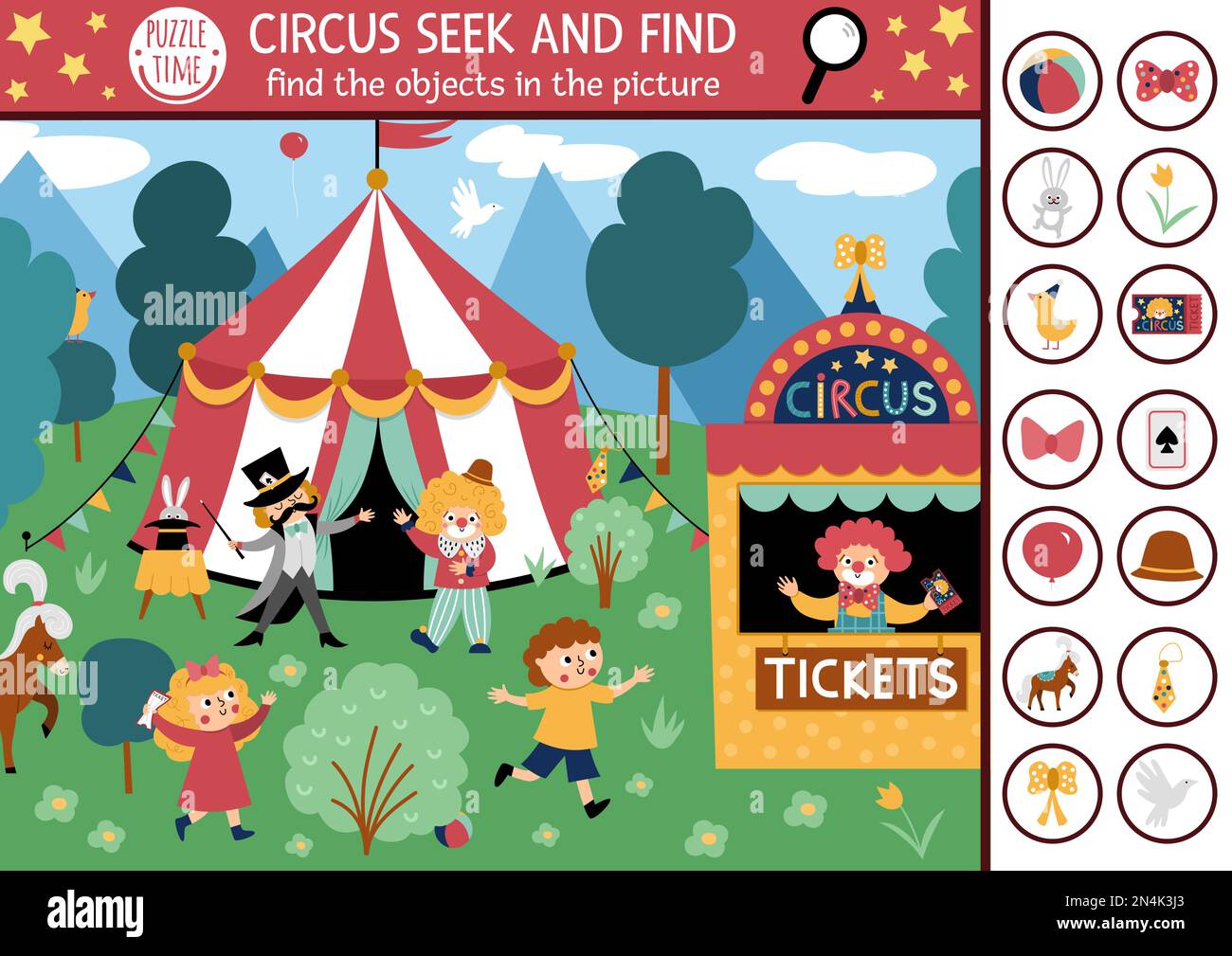 Vector circus searching game with amusement show marquee, clown. Spot ...