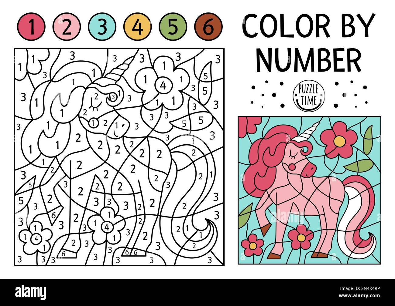 Vector Magic kingdom color by number activity with pink unicorn and ...