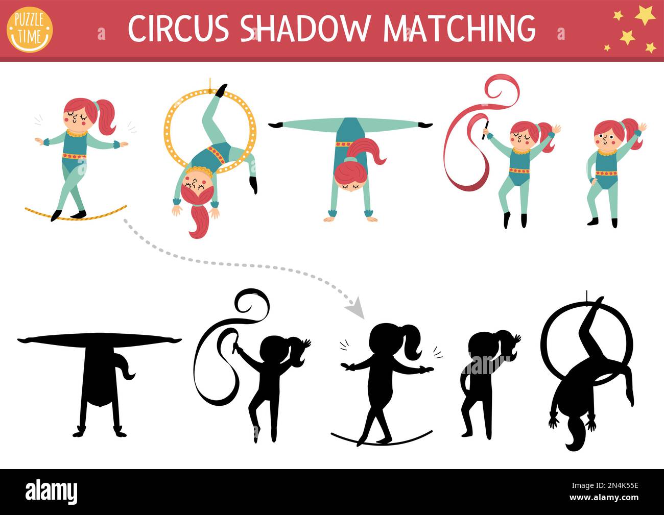 Circus shadow matching activity with cute gymnasts. Amusement show ...