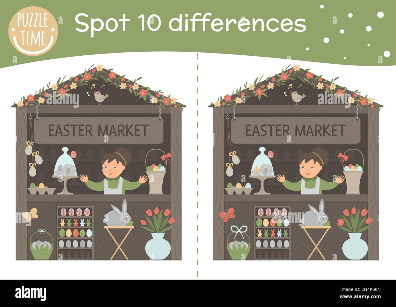 Easter find differences game for children. Holiday activity page with market stall, bunny ...
