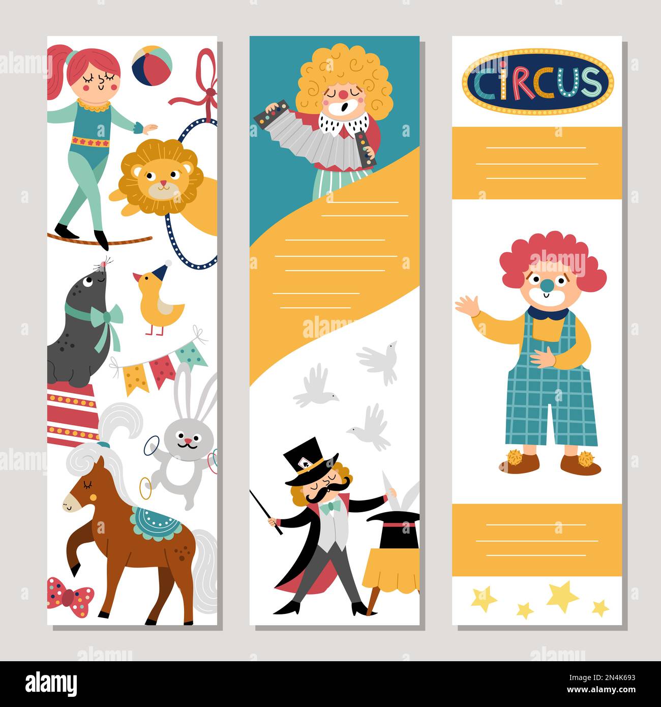 Cute set of circus vertical cards with clown, artists, animals. Vector ...
