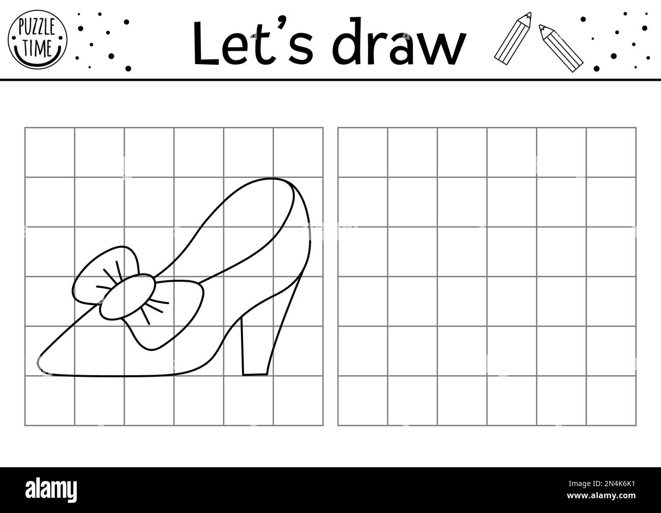Complete the princess shoe picture. Vector fairytale drawing practice ...