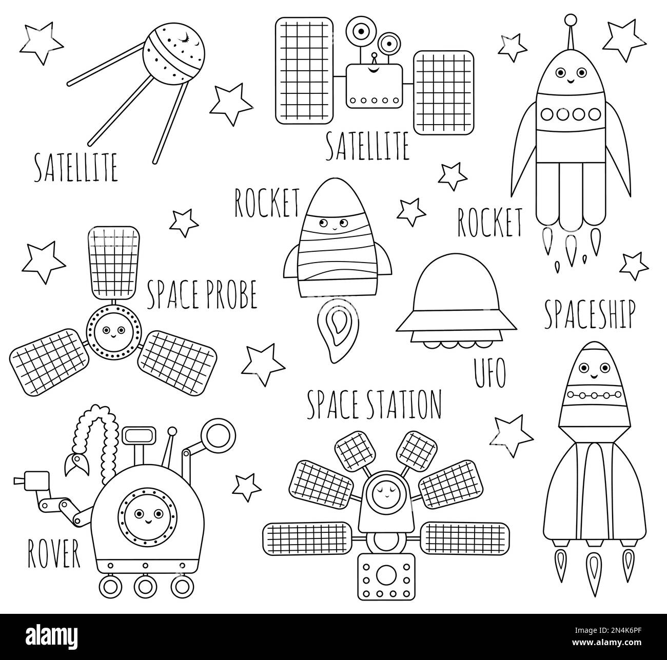 Vector black and white space technics set for children. Outline ...
