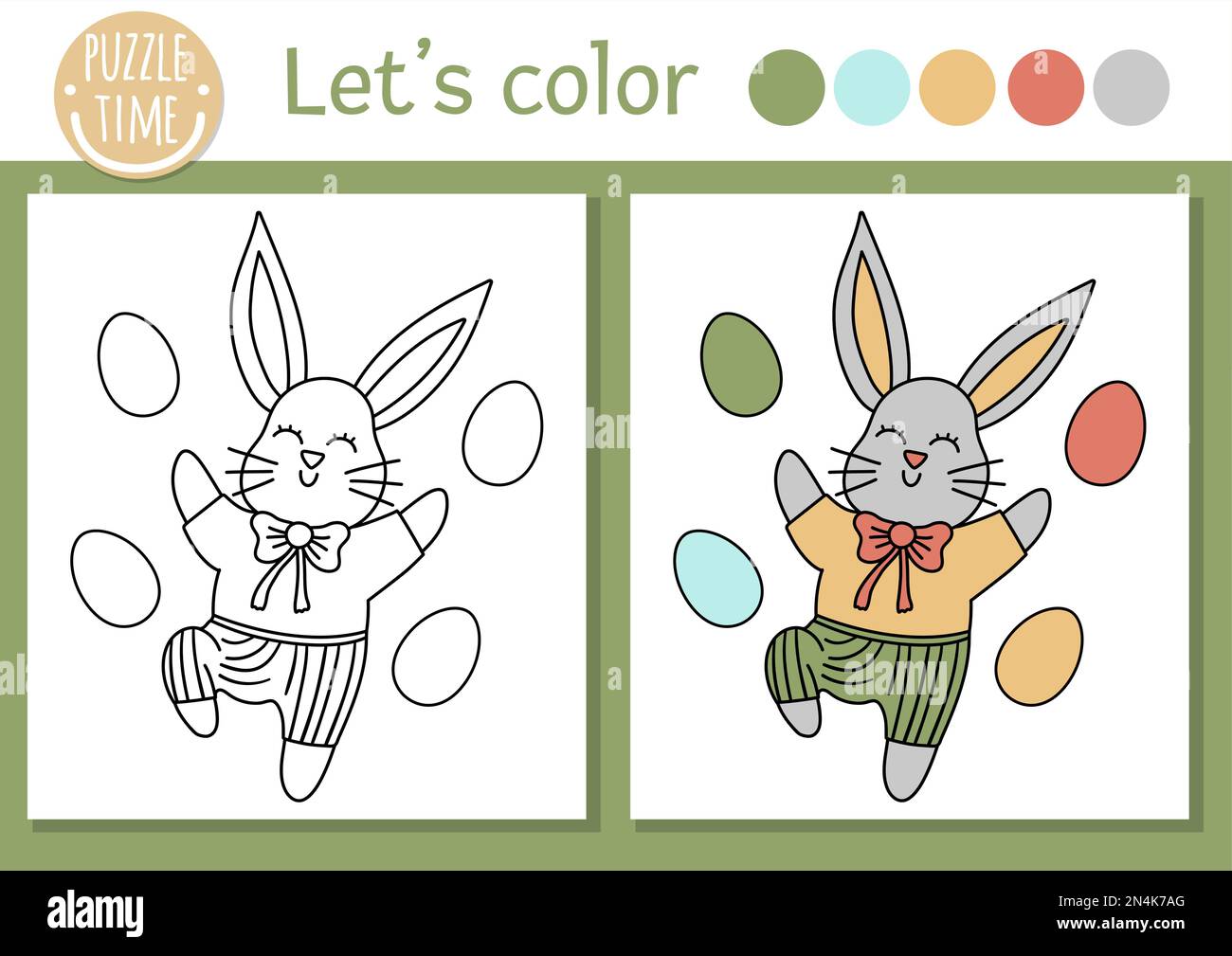 Easter coloring page for children. Funny bunny with colored eggs ...