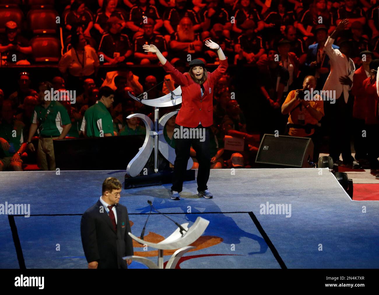 Athlete and presenter Alex Hines, of New Jersey, reacts as athletes ...