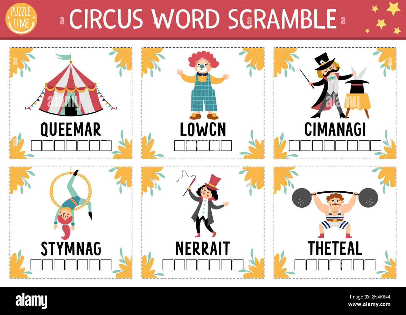 Vector Circus Word Scramble Square Cards English Language Game With vector-circus-word-scramble-square-cards-english-language-game-with