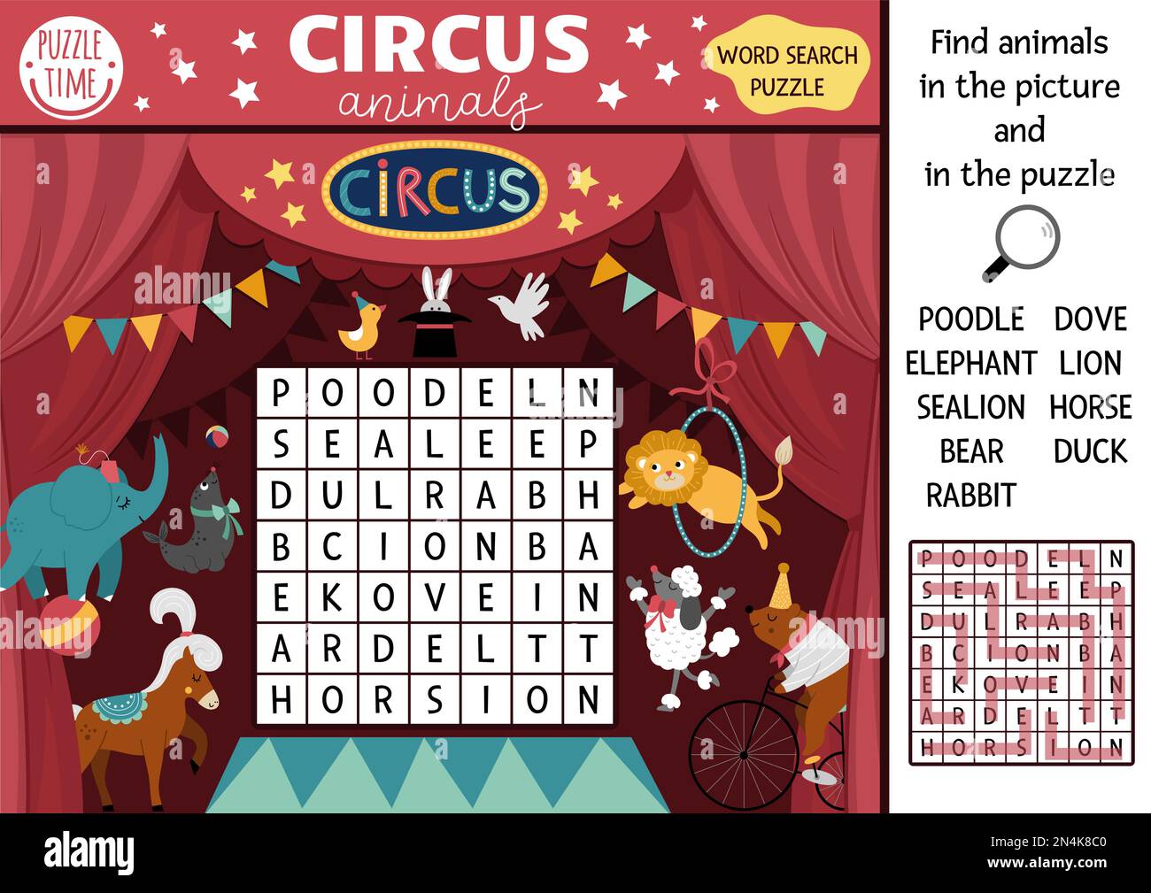 Vector circus wordsearch puzzle for kids. Simple amusement crossword ...