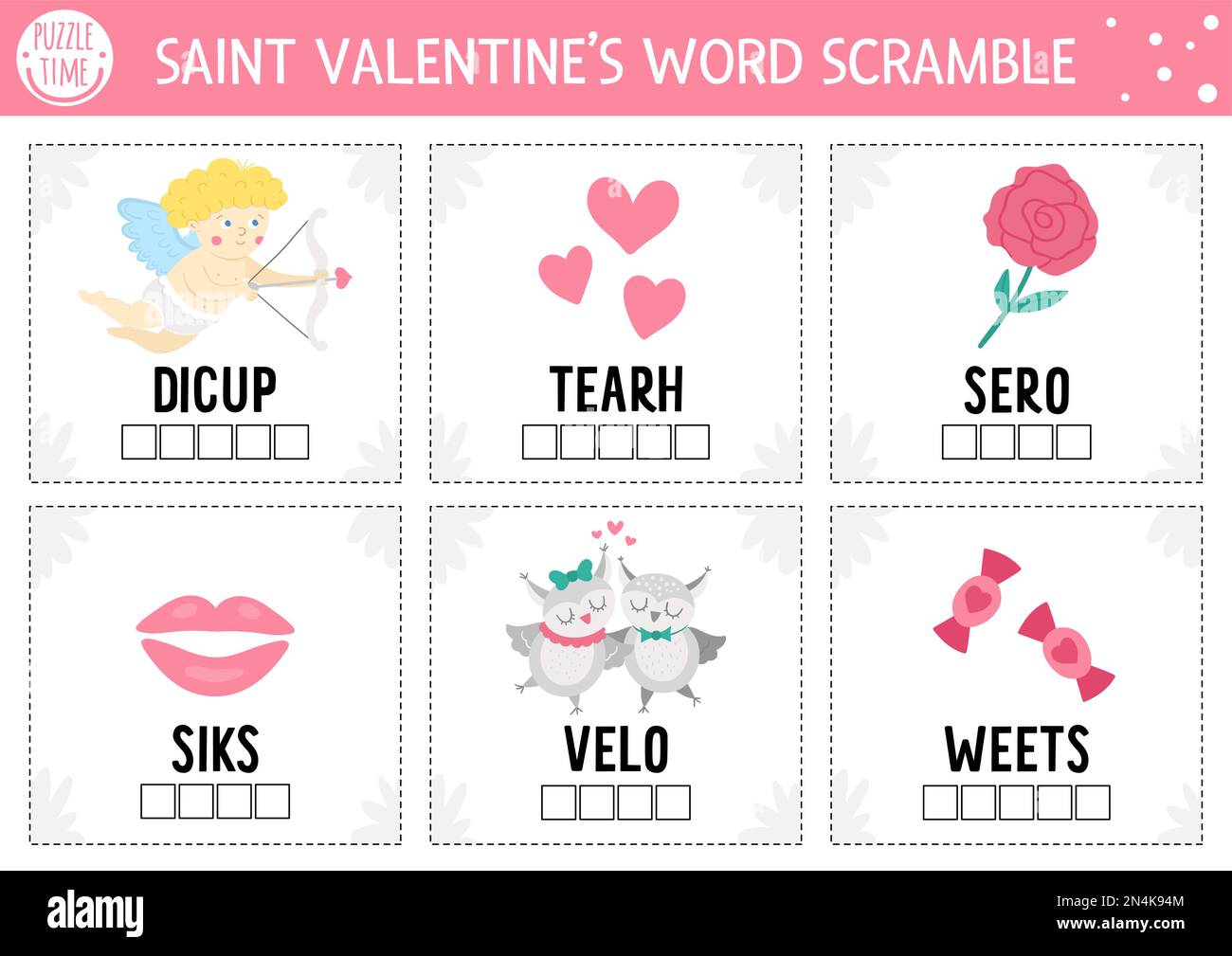 Vector Saint Valentine word scramble activity page. English language ...