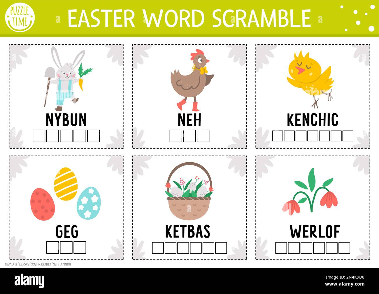 Vector Easter word scramble activity page. English language game with ...